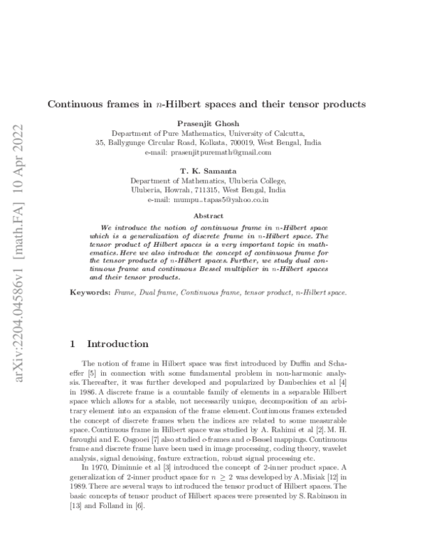 Pdf Continuous Frames In N Hilbert Spaces And Their Tensor Products