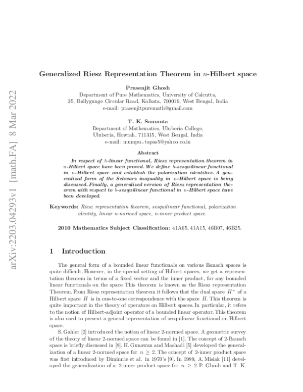 (PDF) Generalized Riesz Representation Theorem in n-Hilbert space