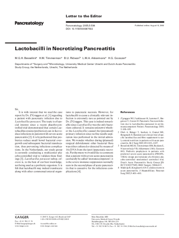 (PDF) Lactobacilli in necrotizing pancreatitis