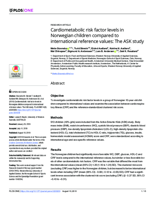 (PDF) Cardiometabolic risk factor levels in Norwegian children compared to international ...