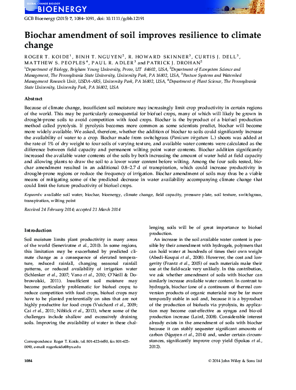 (PDF) Biochar amendment of soil improves resilience to climate change
