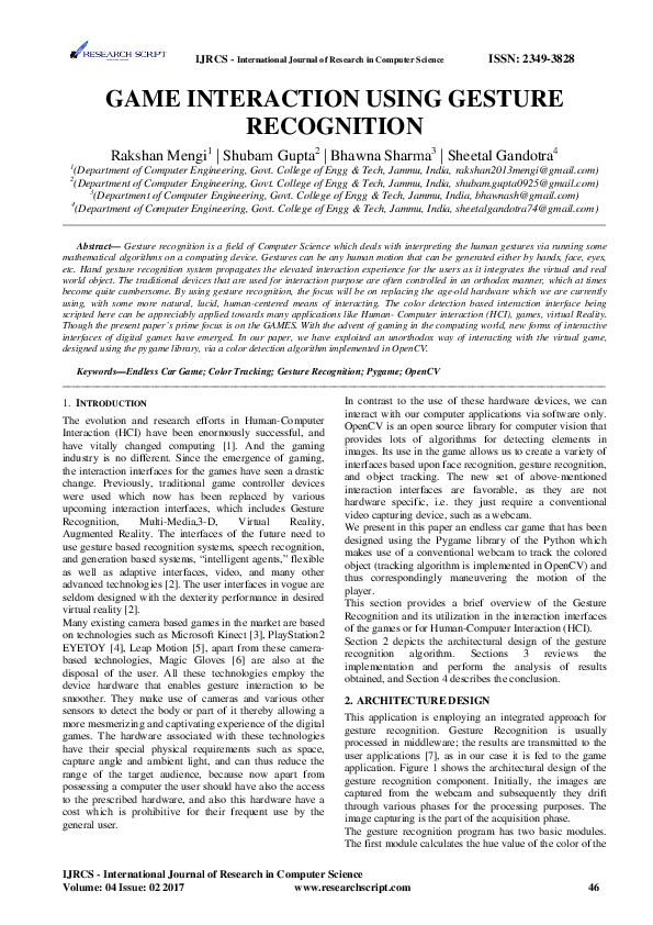 (PDF) Game Interaction Using Gesture Recognition