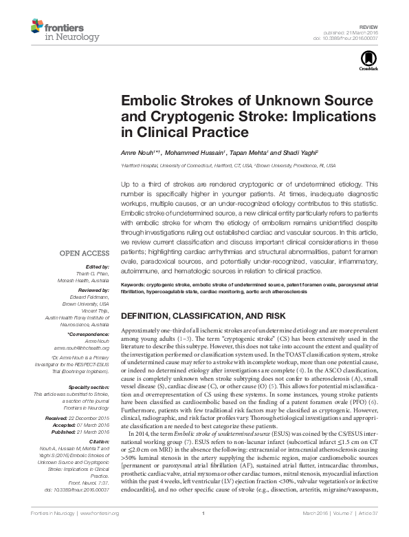 (PDF) Embolic Strokes of Unknown Source and Cryptogenic Stroke: Implications in Clinical Practice