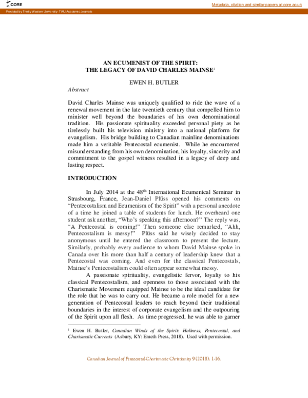 (PDF) An Ecumenist of the Spirit: The Legacy of David Charles Mainse