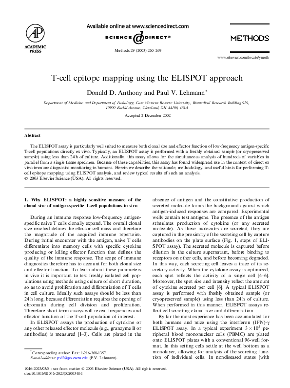 (PDF) T-cell epitope mapping using the ELISPOT approach | Paul Lehman - Academia.edu