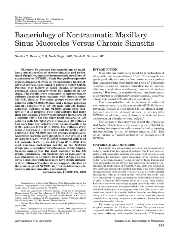 (PDF) Bacteriology of Nontraumatic Maxillary Sinus Mucoceles Versus Chronic Sinusitis