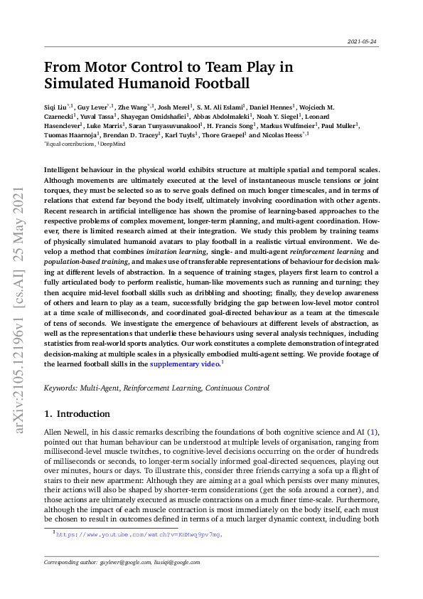 (PDF) From motor control to team play in simulated humanoid football