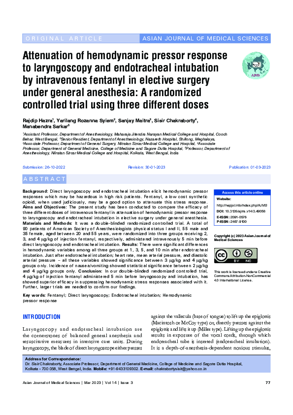 (PDF) Attenuation of hemodynamic pressor response to laryngoscopy and ...
