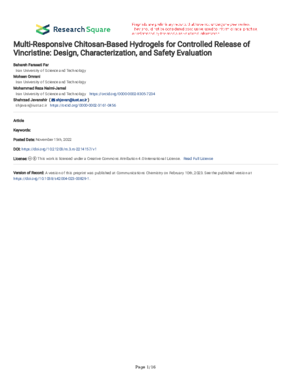 (PDF) Multi-Responsive Chitosan-Based Hydrogels for Controlled Release of Vincristine: Design ...