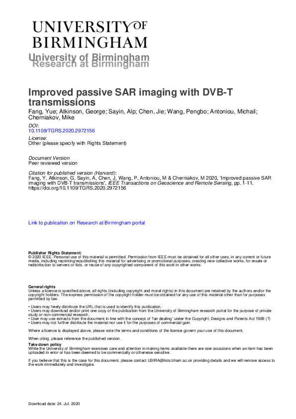 (PDF) Improved Passive SAR Imaging With DVB-T Transmissions