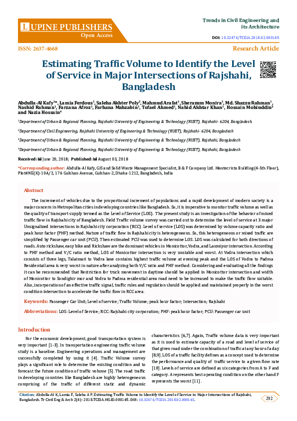 (PDF) Estimating Traffic Volume to Identify the Level of Service in Major Intersections of ...