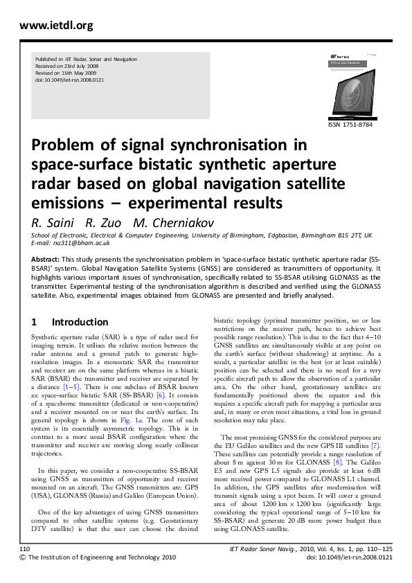 Pdf Problem Of Signal Synchronisation In Space Surface Bistatic Synthetic Aperture Radar Based