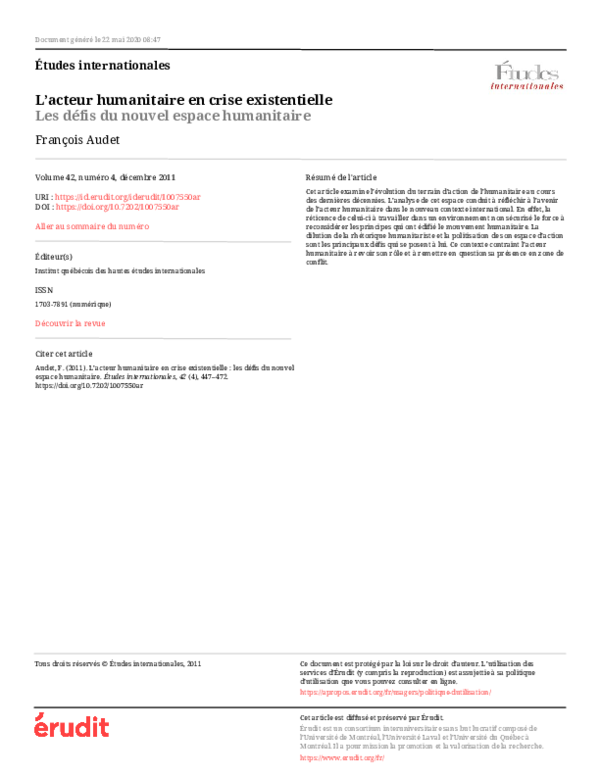 (PDF) L’acteur humanitaire en crise existentielle