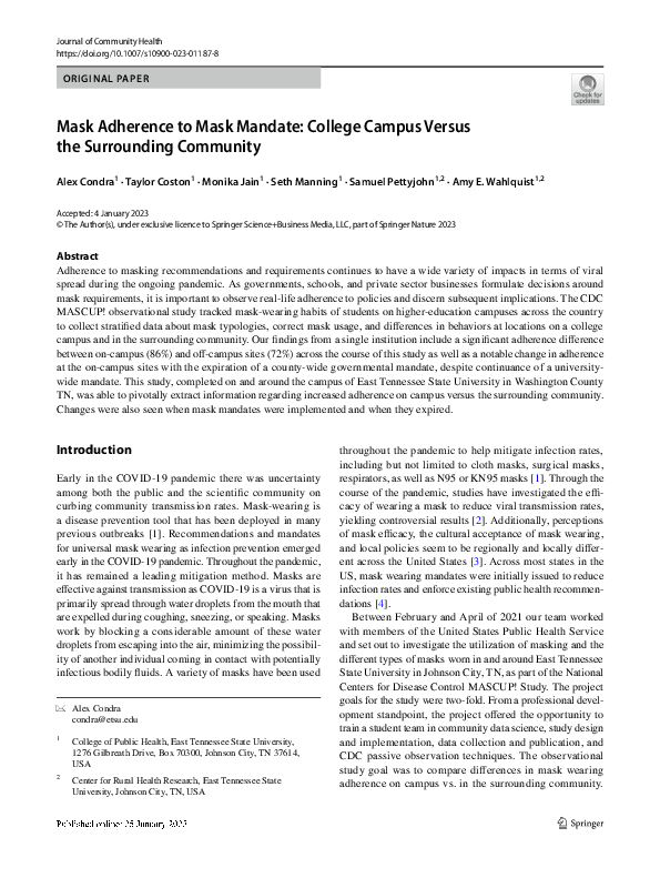 (PDF) Mask Adherence to Mask Mandate: College Campus Versus the ...