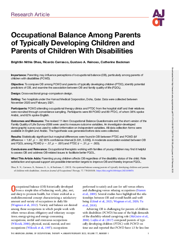 (PDF) Occupational Balance Among Parents of Typically Developing ...