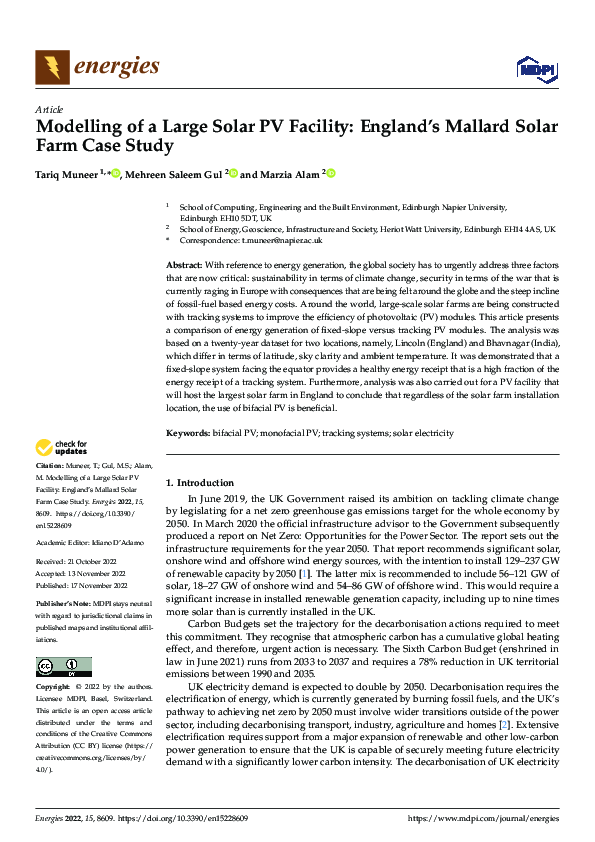 (PDF) Modelling of a Large Solar PV Facility: England’s Mallard Solar ...