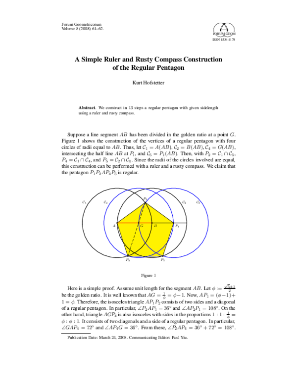 (PDF) A Simple Ruler and Rusty Compass Construction of the Regular Pentagon