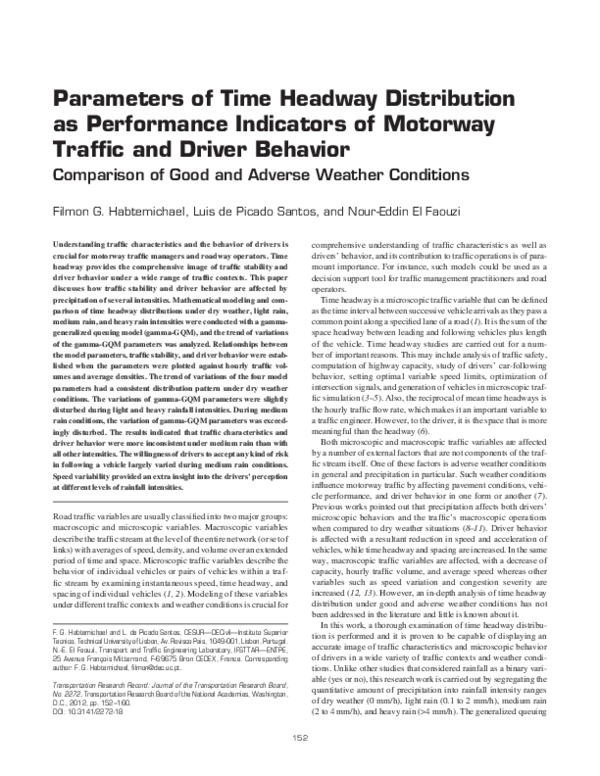 (PDF) Parameters of Time Headway Distribution as Performance Indicators ...