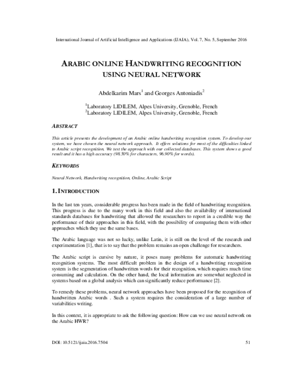(PDF) A Rabic Online H Andwriting Recognition Using Neural Network