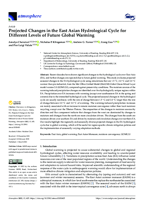 (PDF) Projected Changes in the East Asian Hydrological Cycle for Different Levels of Future ...