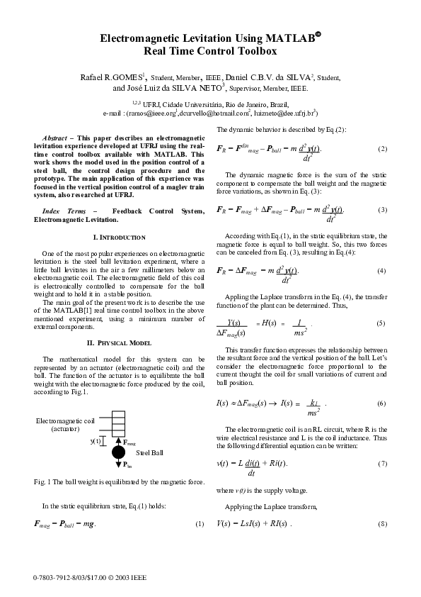 (PDF) Electromagnetic levitation using MATLAB/sub ©/ real time control toolbox
