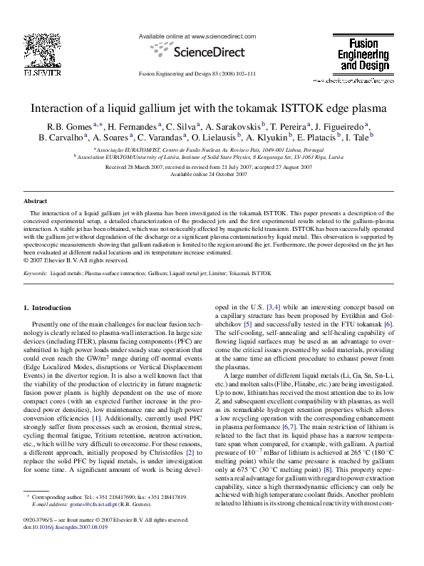 (PDF) Interaction of a liquid gallium jet with the tokamak ISTTOK edge ...
