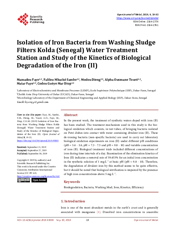 (PDF) Isolation of Iron Bacteria from Washing Sludge Filters Kolda ...