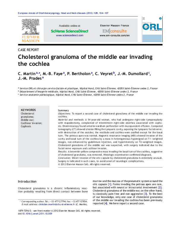 (PDF) Cholesterol granuloma of the middle ear invading the cochlea