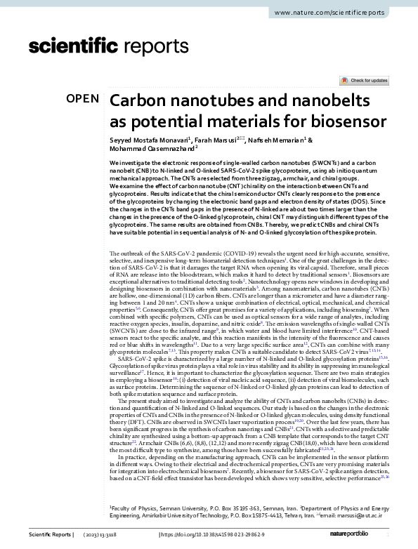 (PDF) Carbon nanotubes and nanobelts as potential materials for biosensor