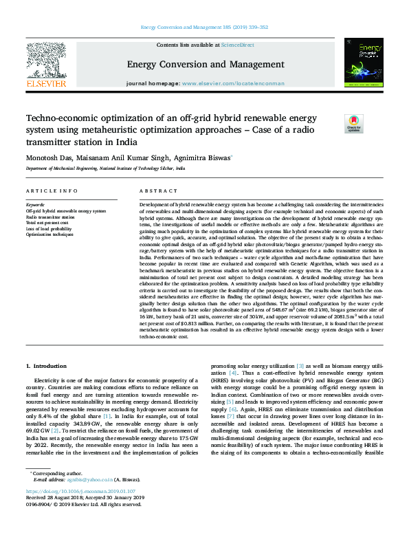 Pdf Techno Economic Optimization Of An Off Grid Hybrid Renewable Energy System Using