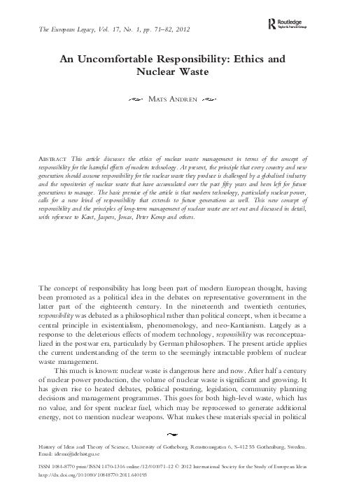 (PDF) An Uncomfortable Responsibility: Ethics and Nuclear Waste