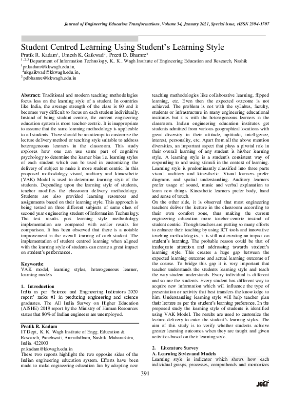 (PDF) Student Centred Learning Using Student’s Learning Style