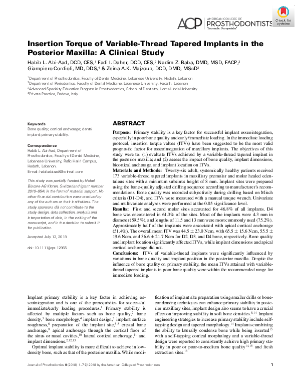 (PDF) Insertion Torque of Variable-Thread Tapered Implants in the ...