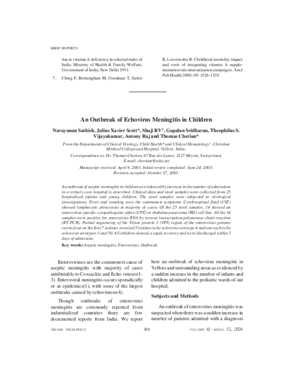 (PDF) An outbreak of echovirus meningitis in children