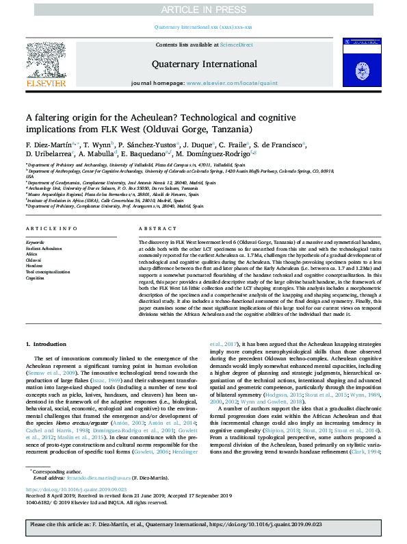 (PDF) A faltering origin for the Acheulean? Technological and cognitive ...