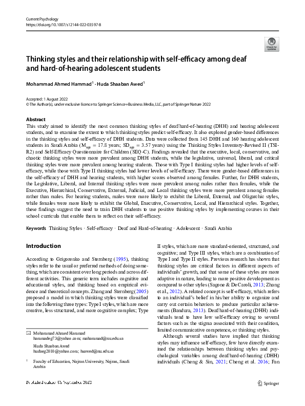 (PDF) Thinking styles and their relationship with self-efficacy among deaf and hard-of-hearing ...