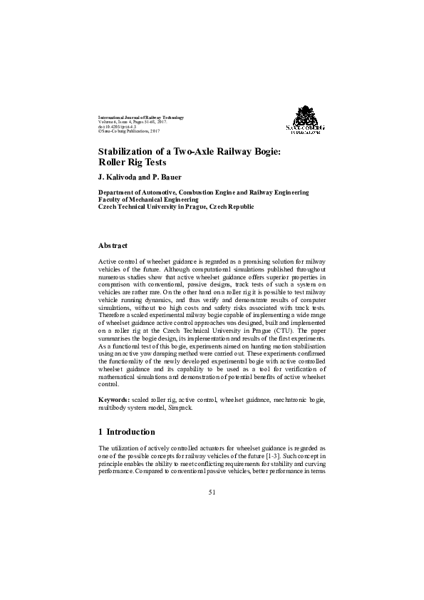 (PDF) Stabilization of a Two-Axle Railway Bogie: Roller Rig Tests