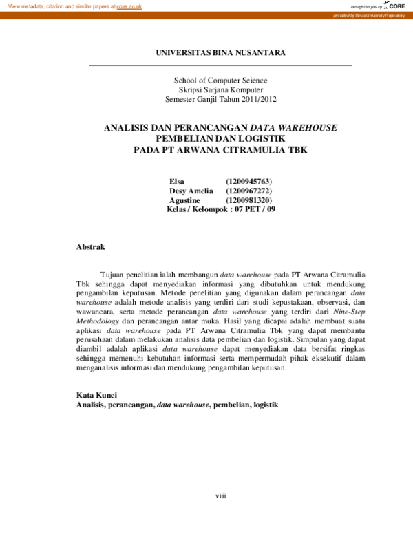 Pdf Analisis Dan Perancangan Data Warehouse Pembelian Dan Logistik