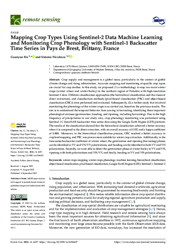 Pdf Mapping Crop Types Using Sentinel 2 Data Machine Learning And