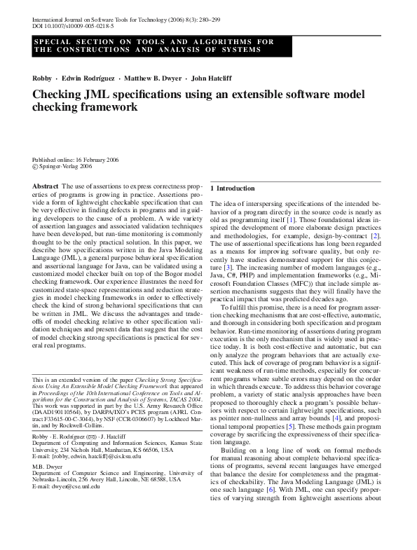 (PDF) Checking JML specifications using an extensible software model checking framework