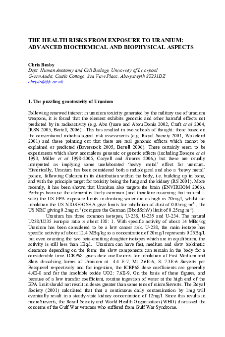 (PDF) The Health Risks from Exposure to Uranium: Advanced Biochemical ...