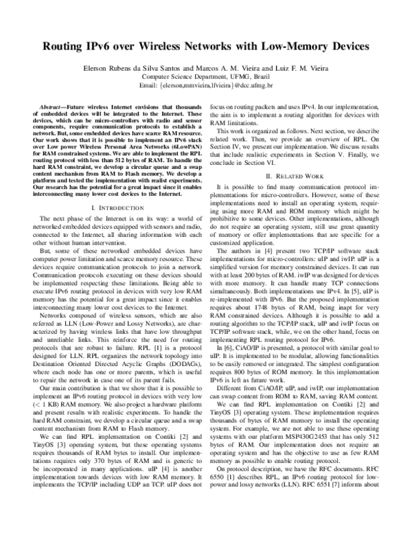 (PDF) Routing IPv6 over wireless networks with low-memory devices