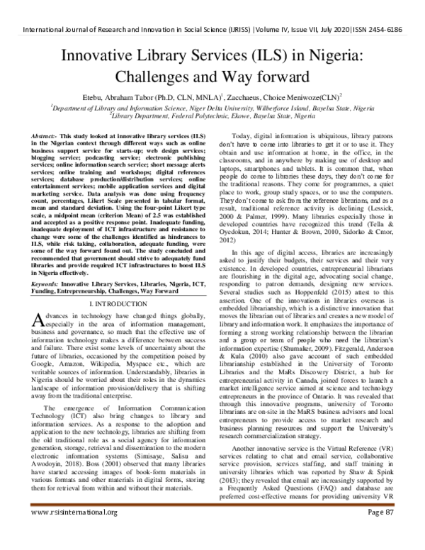 (PDF) Innovative Library Services (ILS) in Nigeria: Challenges and Way ...