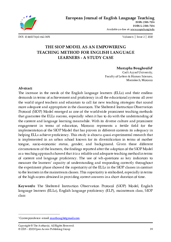 (PDF) THE SIOP MODEL AS AN EMPOWERING TEACHING METHOD FOR ENGLISH ...