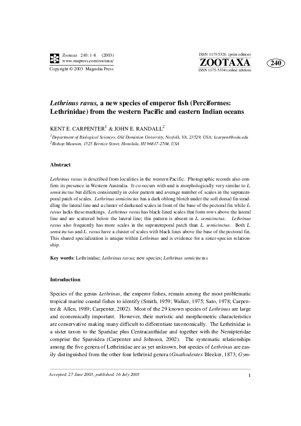 (PDF) Lethrinus ravus, a new species of emperor fish (Perciformes ...