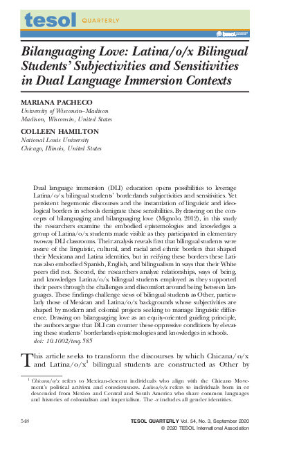 (PDF) Bilanguaging Love: Latina/o/x Bilingual Students’ Subjectivities ...