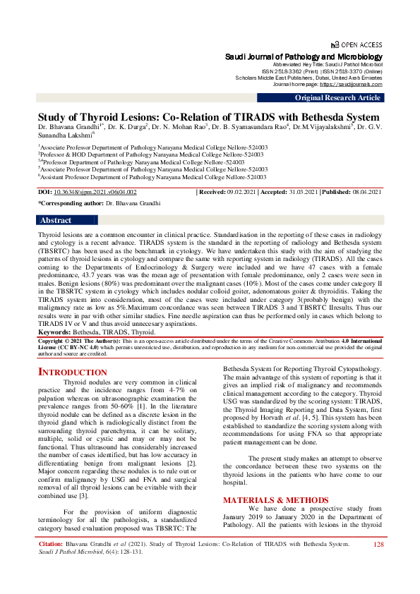 (PDF) Study of Thyroid Lesions: Co-Relation of TIRADS with Bethesda System