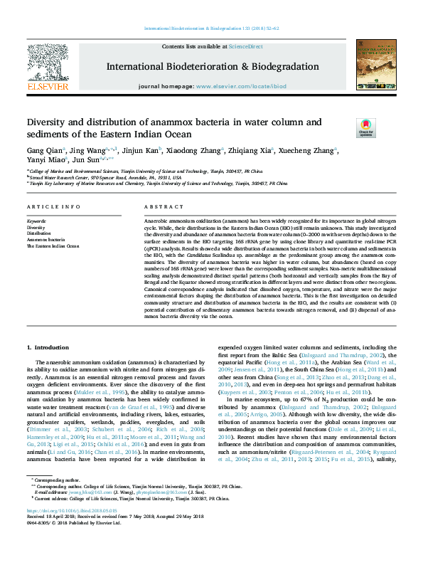 (PDF) Diversity and distribution of anammox bacteria in water column and sediments of the ...