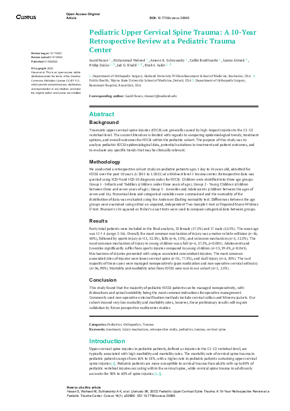 (PDF) Pediatric Upper Cervical Spine Trauma: A 10-Year Retrospective Review at a Pediatric ...