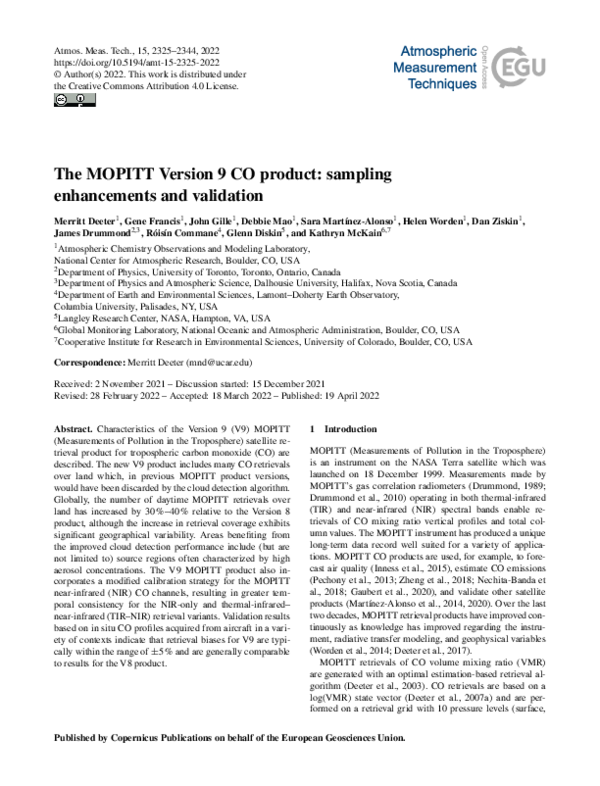 (PDF) The MOPITT Version 9 CO Product: Sampling Enhancements and Validation